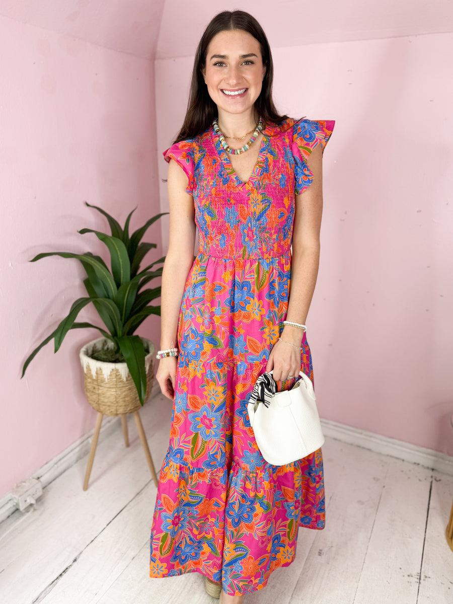 The Ranchero Floral Midi Dress-Orange – Jewels Clothing and Accessories